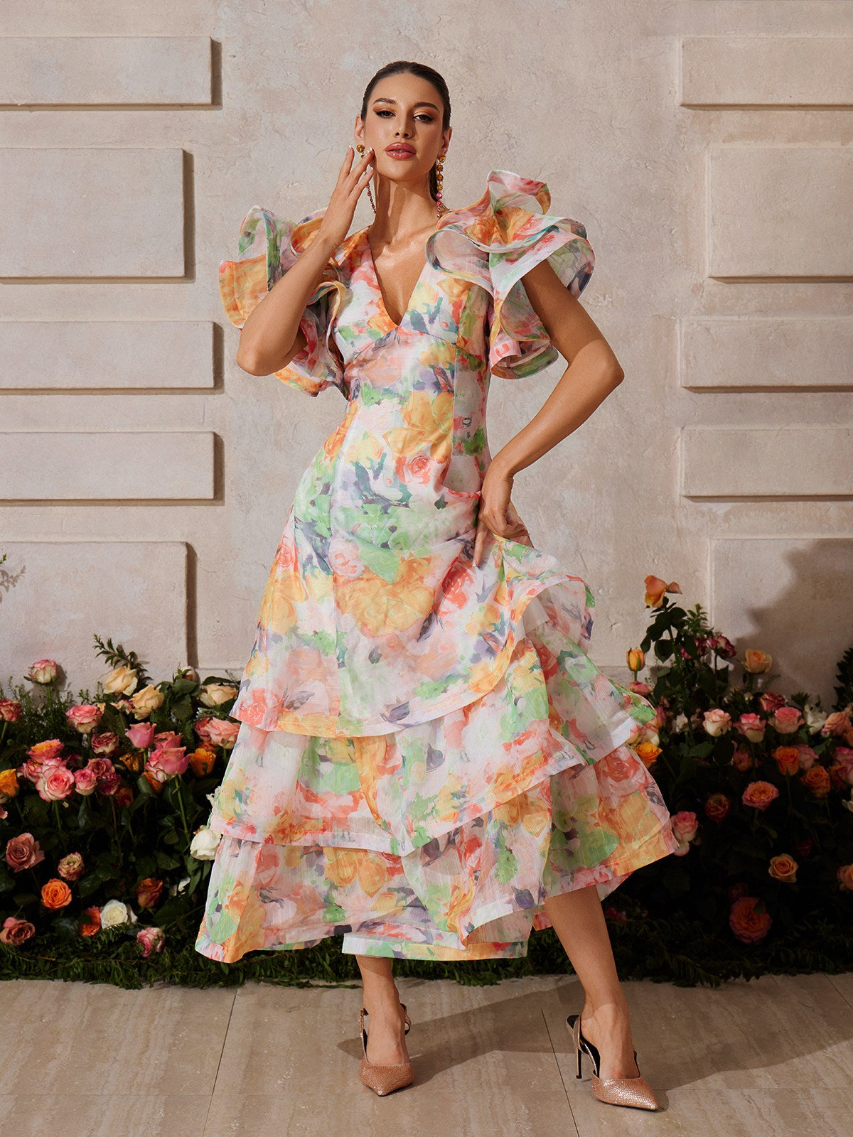 V Neck Floral Printed Maxi Dress In Orange – Lady Zo